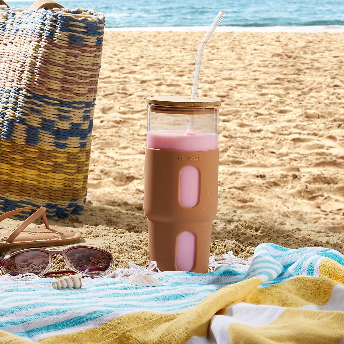 32oz Drinking Glass Tumbler with Bamboo Lid and Straw - Silicone Sleeve - Fits Car Cup Holder - Reusable Boba Smoothie Cup, Spill Proof Travel Water Bottle, Iced Coffee Tumbler, BPA Free - Amber.