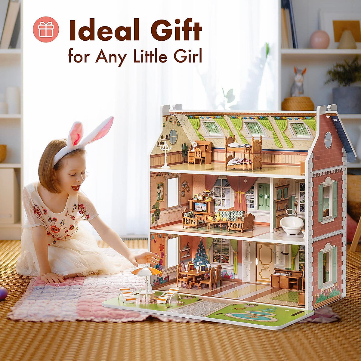 ROBUD Wooden Dollhouse for Kids Girls, Pretend Play Toy Gift for 3 4 5 6 Years Old Girls Boys