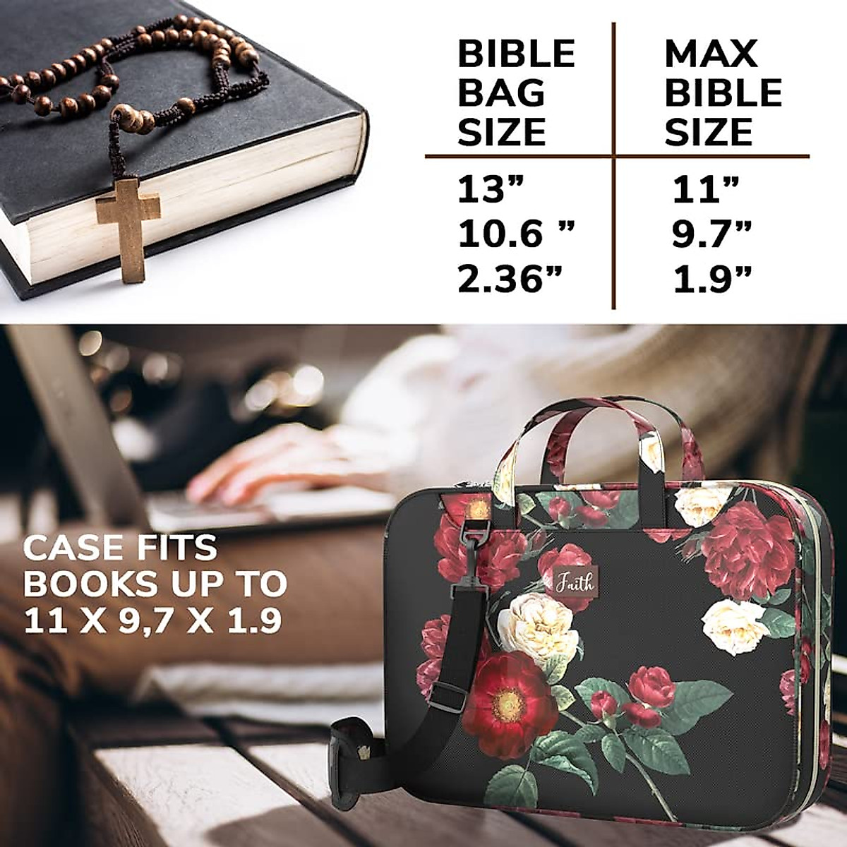 Bible Covers for Women Large Medium Size - XXL Floral Bible Case Bag Fits Books Up to 11 x 9.7 x 1.9 Inches - | Zippered Pocket | Pen Slots | Shoulder Strap | - Black Christian Gift for Girl