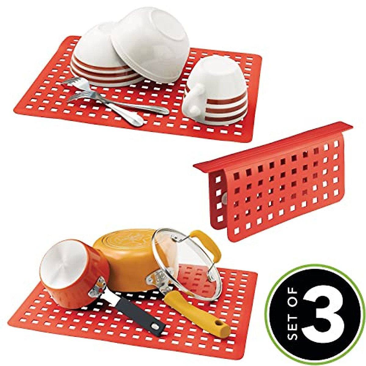 mDesign Decorative Kitchen Plastic Sink Protector Set - Protect Surfaces and Dishes - Quick Draining, Modern Slotted Design - Includes 1 Saddle, 2 Large Mats - Set of 3 - Red
