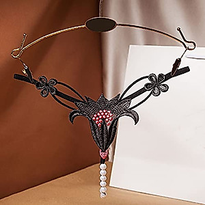 Underwear Women Women's Low Rise Brief Pearls Chain Lightweight Floral Lace G-String T-Back Thong Breathable Hollow Out Solid Color Panties Womens Underwear Black