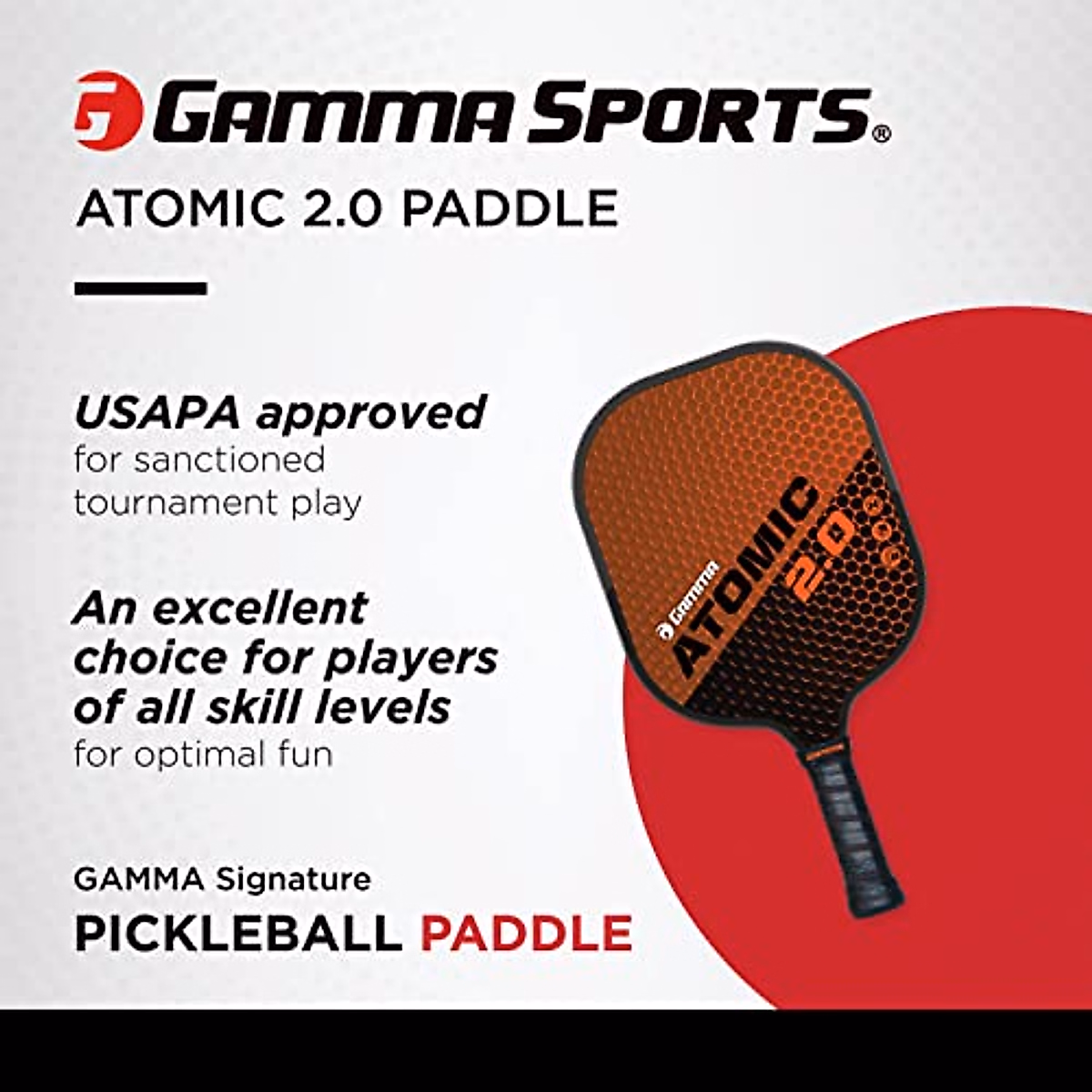 Gamma Sports 2.0 Pickleball Paddle: Mens and Womens Textured Fiberglass Face Pickle-Ball Racquet - Indoor and Outdoor Racket: Atomic Orange, ~8 oz, One Size