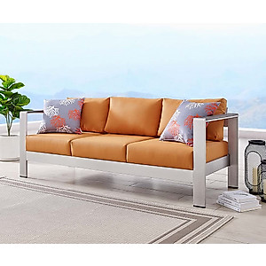 Modway Shore Aluminum Metal Outdoor Patio Sofa With Silver Orange All-Weather Cushions
