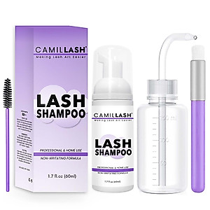 CL CAMILLASH Lash Cleanser For Extensions,Eyelash Wash Shampoo Kit Remover With Bath Brush,Oil & Sulfate Free Rose Extract For Salon and Home Use(60ml)