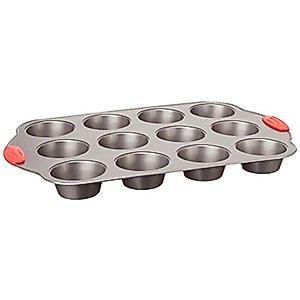 Amazon Basics Non-Stick 12-Cup Muffin Pan, Gray with Red Grips