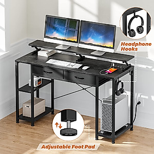 GIKPAL Computer Desk with Drawers, 47 inch Gaming Desk with Storage and Shelves, Home Office Desks with Power Strip, Black Wooden Desk