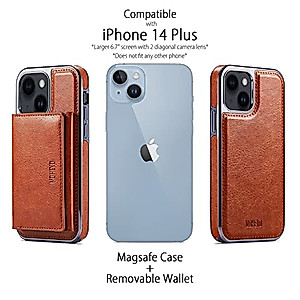 MOHEYO Designed for iPhone 14 Plus Case Removable Wallet Card Holder Magnetic Compatible with MagSafe Slim Thin Vegan Leather Cover (Brown)