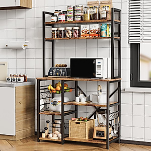 Gizoon Home Kitchen Baker's Rack with Spacious Storage, 5 Tier Versatile Microwave Stand Shelf with Basket & Side Hooks,Free Standing, Sturdy, Durable-Retro