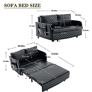 Lin-Utrend 46" Convertible Sleeper Sofa Bed, Modern Loveseat Couch with Pull Out Bed, Small Love Seat Futon Sofa Bed with Headboard, 2 Pillows Side Pockets for Living Room Apartment (Black)