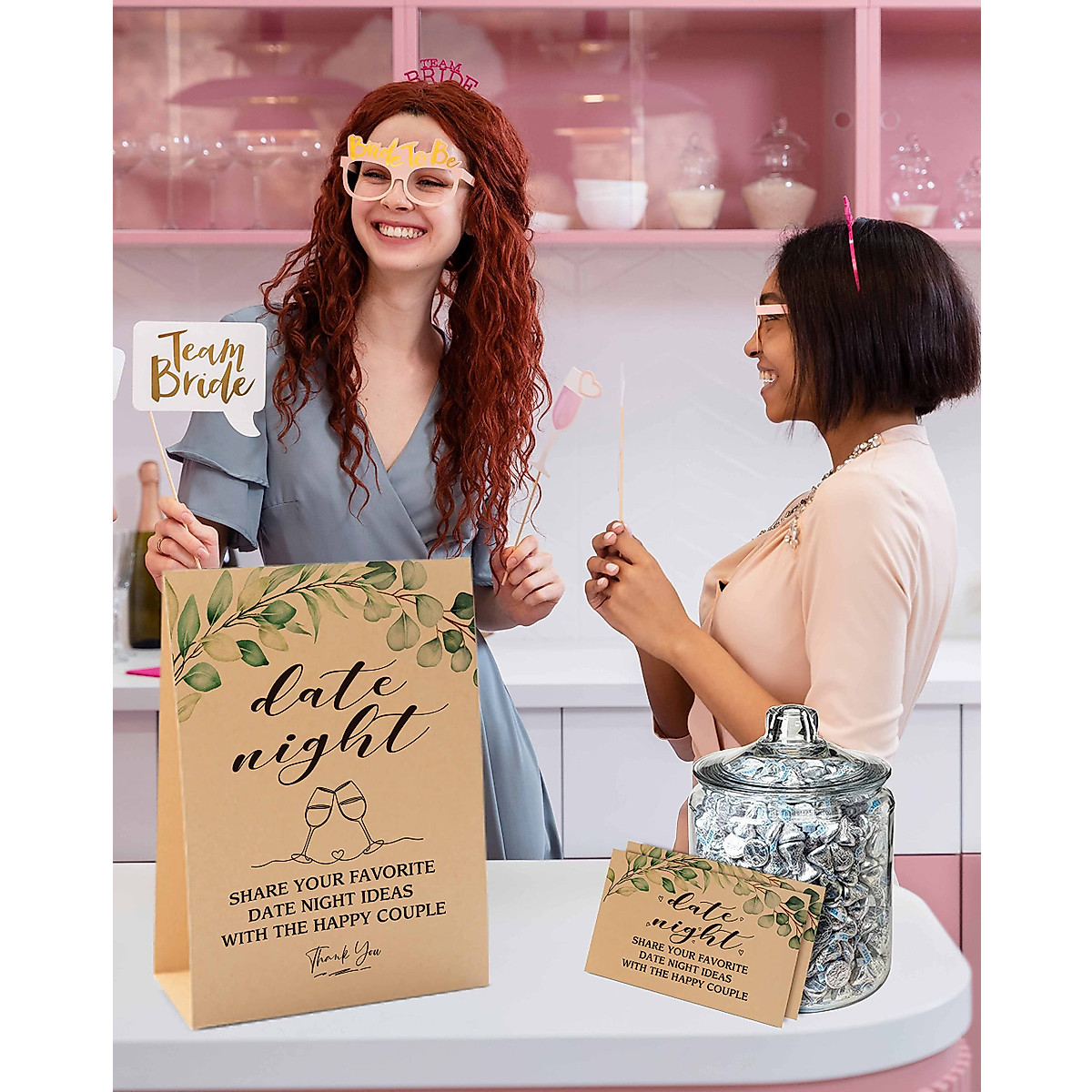 shupai 1 Date Night Kraft Sign & 50 Kraft Advice Card Set, Advice and Wishes Cards for Bridal Shower, Bridal Shower Decorations, Bachelorette Party or Special Event/007KF