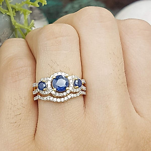 Dazzlingrock Collection Round Blue Sapphire & White Diamond Ladies 3 Stone Halo Wedding Ring Set 14K Yellow Gold, Size 7