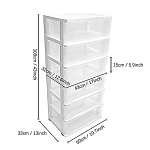 6-Layer Rolling Storage Cart and Organizer Plastic Drawer Cabinet Shelf with Wheels Transparent Drawers Mobile Storage Rack Tower for Offices Hallway Closet Kitchen 19.7x13x43in (White)