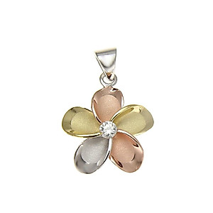 Arthur's Jewelry 925 Sterling silver yellow rose gold tricolor plated Hawaiian plumeria pendant cz 15mm