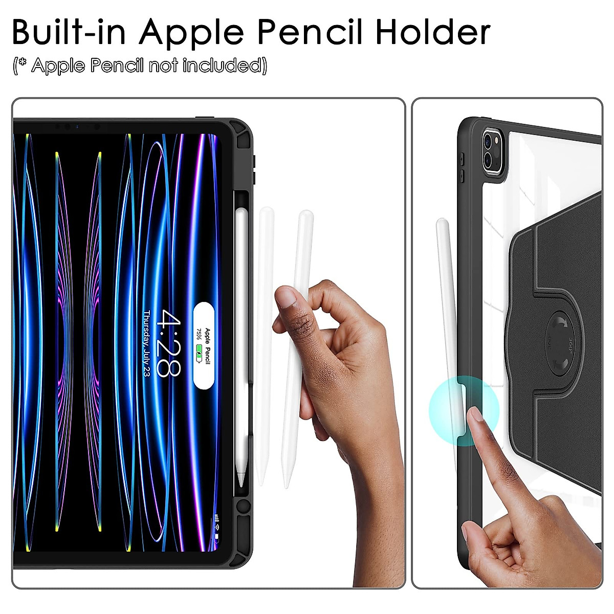 Soke Hybrid Rotating Case for iPad Pro 12.9 Inch (6th/5th/4th/3rd Generation, 2022/2021/2020/2018) - 360 Degree Rotating Stand + Pencil Holder + Auto Sleep/Wake, Shockproof Clear Back Cover,Black