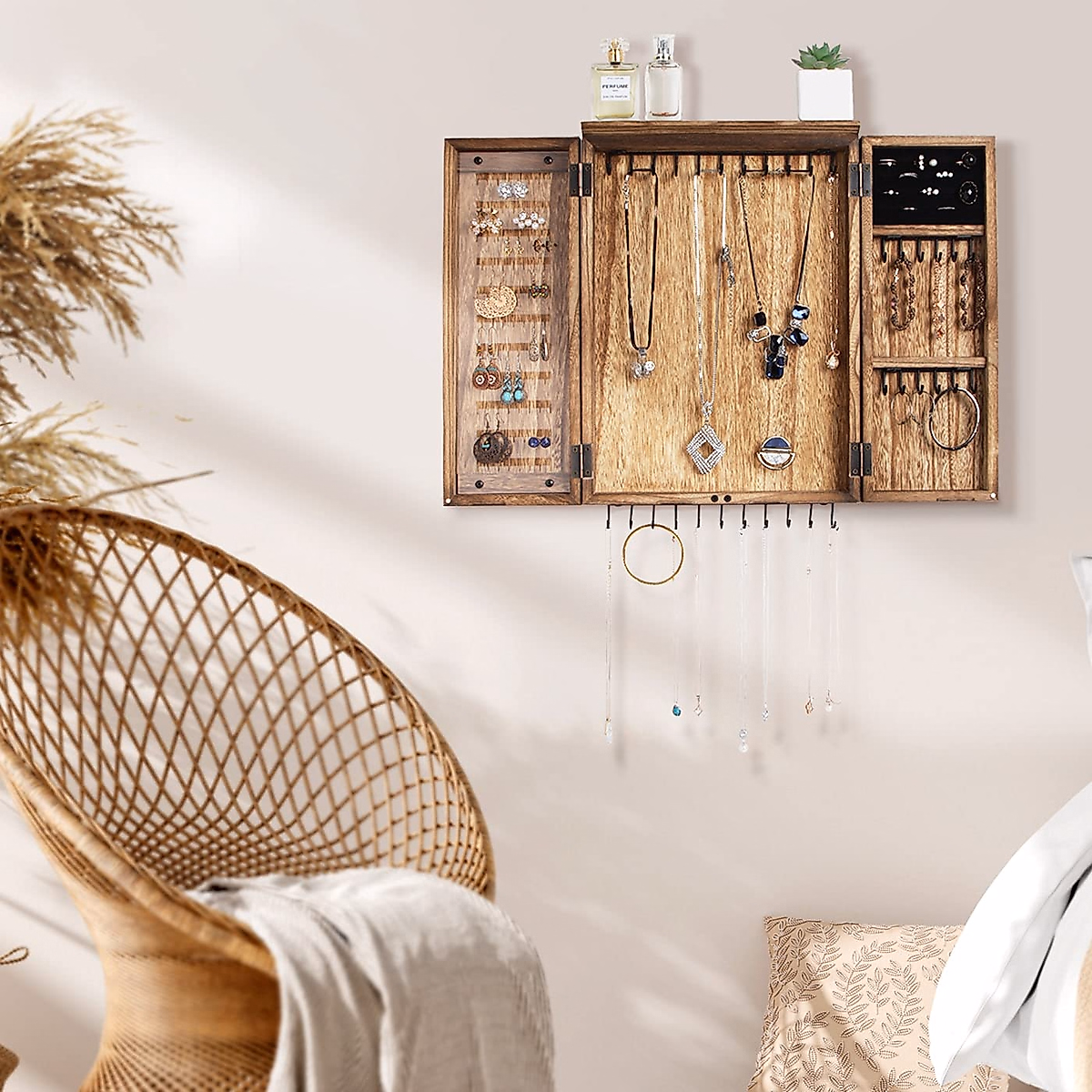 J JACKCUBE DESIGN Rustic Wall Mounted Jewelry Organizer, Wood Hanging Jewelry Holder Cabinet with Acrylic Mirror for Necklaces Earrings Bracelets Rings Wooden Barndoor Decor - MK606A