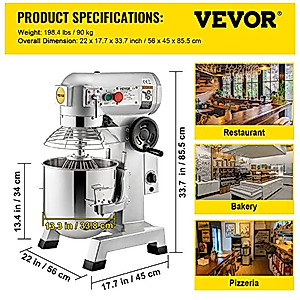 VEVOR Commercial Food Mixer, 30Qt Commercial Mixer with Timing Function, 1100W Stainless Steel Bowl Heavy Duty Electric Food Mixer Commercial with 3 Speeds Adjustable 108/199/382 RPM, Dough Hook Whisk
