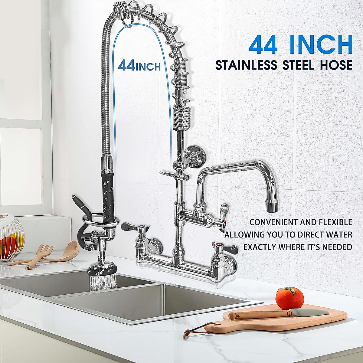 Spray Valve with 44" Flexible Stainless Steel Hose & Pre-Rinse Overhead Spring, Upgrade Universal Commercial Faucet Flexible Hose with Spray Head Replacement Kit