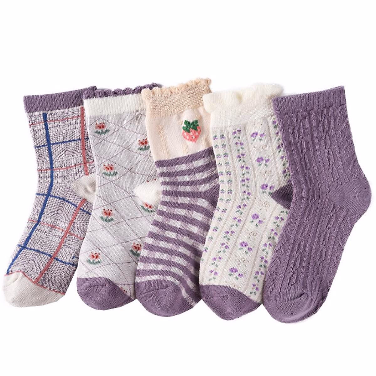 FZBNSRKO 5 Pairs Ruffle Frilly Crew Socks Little Girls Princess Cotton Socks for 1-3 Year Old Children's Socks Baby Toddler Girls(Purple Flower)