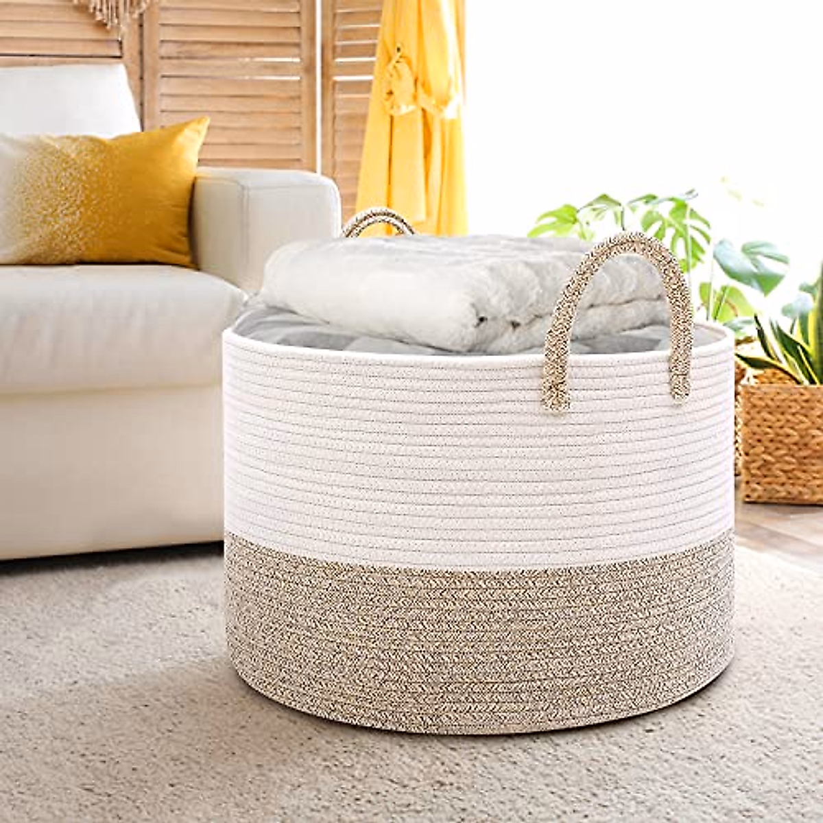 MXMHOME Large Baskets for Blanket - 21.6" X 21.6" X 13.7" Blanket Basket for Living Room, Soft Blanket Storage Basket, Kids Toy Storage Baskets, Woven Baskets for Storage, Living Room Storage Basket