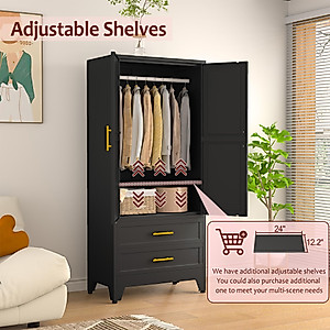 Metal Wardrobe Closet with 2 Doors & 2 Drawers, 71" Tall Armoire Wardrobe Closet with Hanging Rods and Adjustable Shelf, Steel Wardrobe Storage Cabinet for Bedroom-Black