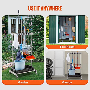 VEVOR Garden Tool Organizer, 10 Slots with Hooks, Yard Tool Tower Rack with Wheels for Garage Organization and Storage, Hold Long-Handled Tool/Rake/Broom, Metal Tool Stand Holder for Shed, Outdoor