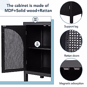 Accent Storage Cabinet Buffet Cabinet Freestanding Storage Sideboard with Artificial Rattan Doors & Metal Handles, Entryway Cabinet for Living Room Office Bedroom, Kitchen (Black)