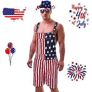 Mepase 3 Pcs American Flag Overalls Bib Set with Denim Patriotic American Flag Print Denim Bib USA America Glasses American Flag Western Hat for Men Women Summer 4th of July Halloween Cosplay