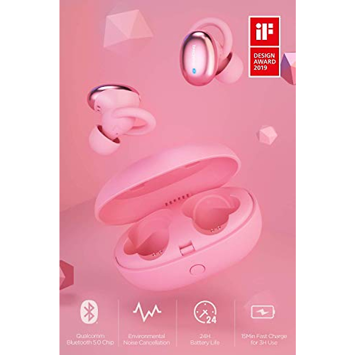 1MORE Stylish True Wireless in-Ear Headphones - Bluetooth - 6.5 Hours of Battery - 15-Minute Quick Charge for 3 Hours of Use – Portable Charging Headphone Case Included - Pink (Renewed)