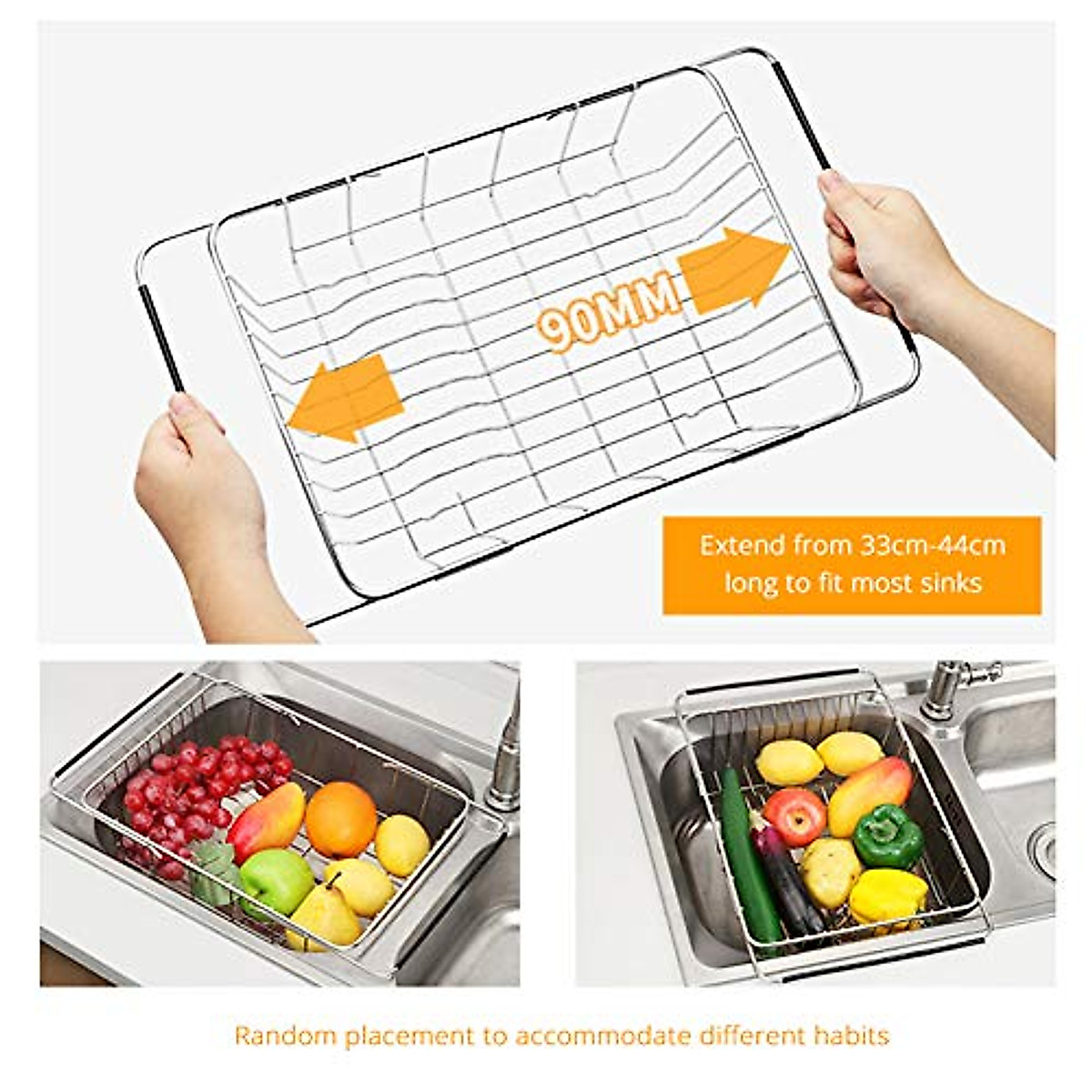 Jkhome Expandable Dish Drying Rack Adjustable Over Sink Dish Drainer Drain Stainless Steel Kitchen Fruit Vegetable Wash Storage Holder (Stainless Steel, Curved Bottom Type 17.32"x9.84"x4.33")