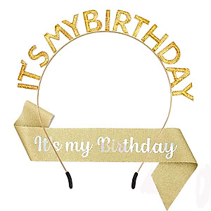 ACO-UINT Gold Birthday Headband Crown, Cute Sash & Tiara Set for Girls, Sweet Birthday Decorations & Gifts