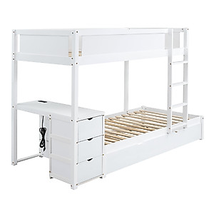 Harper & Bright Designs Twin Over Twin Bunk Beds with Desk, Storage Drawers and Trundle, Wooden Bunk Bed Frame with Charging Station for Kids Teens, Girls Boys, White