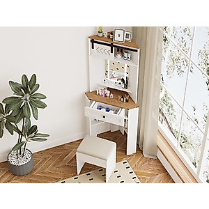 ARTETHYS Small Vanity Desk Set with Mirror and Lights Corner Makeup Table with Drawers for Small Space Farmhouse White Makeup Vanity Table with Storage Stool for Bedroom