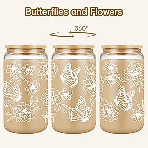 Fairy's Gift Butterfly Gifts for Women - Iced Coffee Cup, Aesthetic Floral Butterflies Glass Cup w/Lid & Straw, Butterfly Tumbler - Christmas, Birthday Gifts for Women Mom Friend Bestie