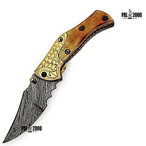 PAL 2000 HUNTING KNIVES Smpg-9863 - Damascus Folding Knife - Handmade Damascus Steel - Damascus Pocket Knife - Stained Bone Handle and Engraved Guards