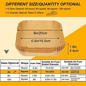 BYKITCHEN Square Air Fryer Disposable Paper Liners - Set of 100, Compatible with Cosori, Instant Pot, Dash Mini Air Fryer and More