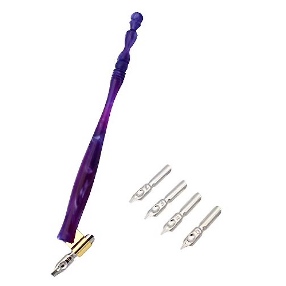 Xiaoyu Calligraphy Oblique Nib Pen Holder, English Calligraphy Pen Nib Holder, Resin Dip Pen Handle Nib Holder with 5 Flat Nibs, Blue and Pruple