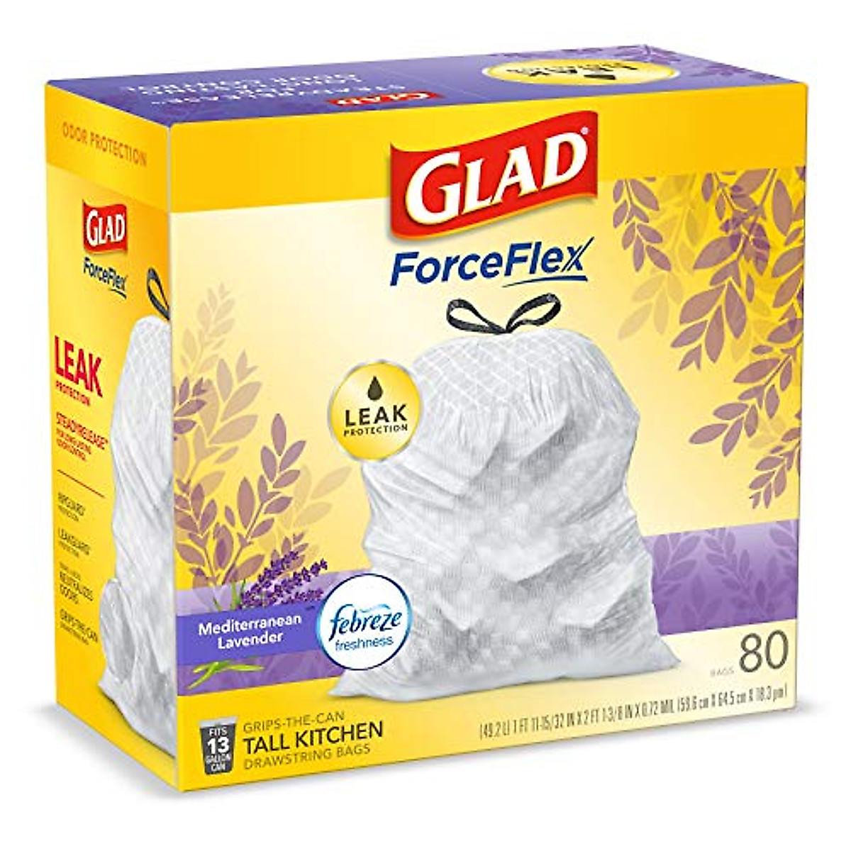 Glad ForceFlex Tall Kitchen Drawstring Trash Bags 13 Gallon White Trash Bag, Mediterranean Lavender scent with Febreze Freshness 80 Count (Package May Vary)