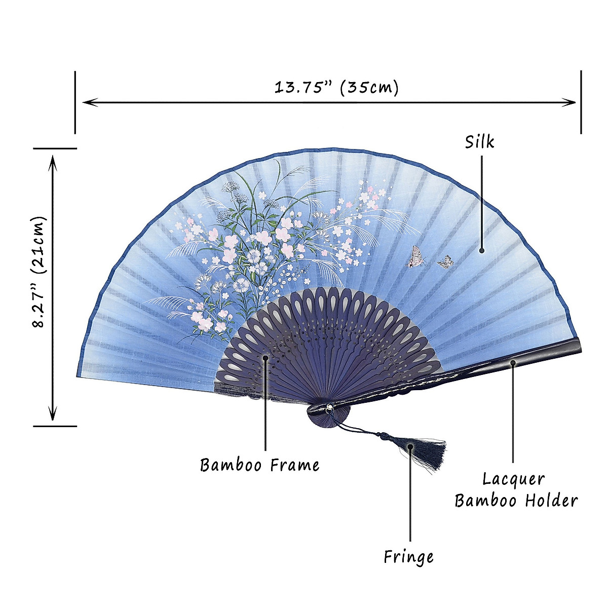 OMyTea® "Grassflowers 8.27"(21cm) Hand Held Folding Fans - With a Fabric Sleeve for Protection for Gifts - Chinese/Japanese Vintage Retro Style (Blue)