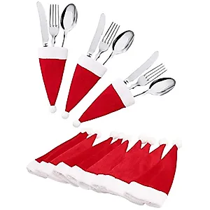Amosfun 12pcs Christmas Silverware Holders Pockets Santa Hat Cutlery Pouch Bag Utensil Holders for Xmas Holiday Table Decoration
