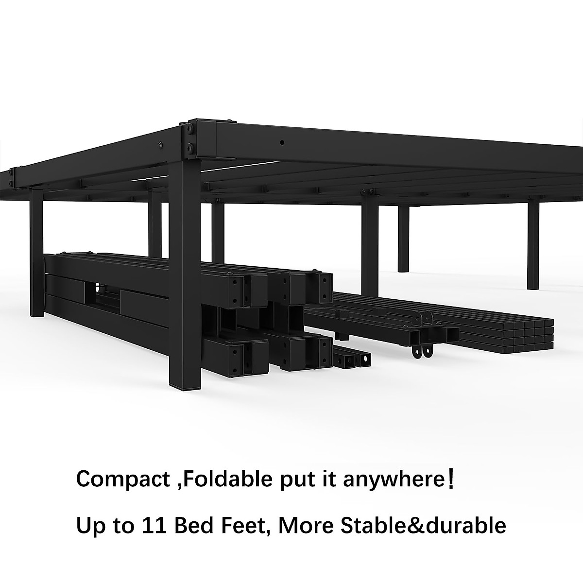 Flolinda Foldable King Bed Frame Metal Platform Bed 10 Minutes Quick Assembly Steel Slats 11 Feet Support No Box Spring Needed 14inch Black