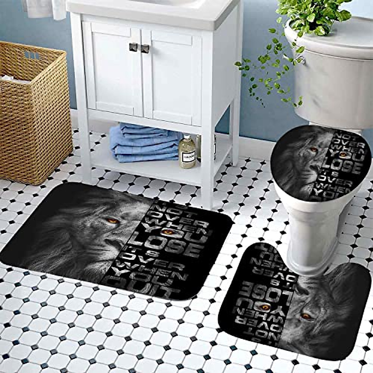 Dia Magico 4PCS Lion Shower Curtain Set, Inspirational Quotes Majestic Lion King African Wildlife Safari Wild Animal Cool Men Bathroom Decor, Waterproof Fabric Black Shower Curtain, Non-Slip Bath Mat