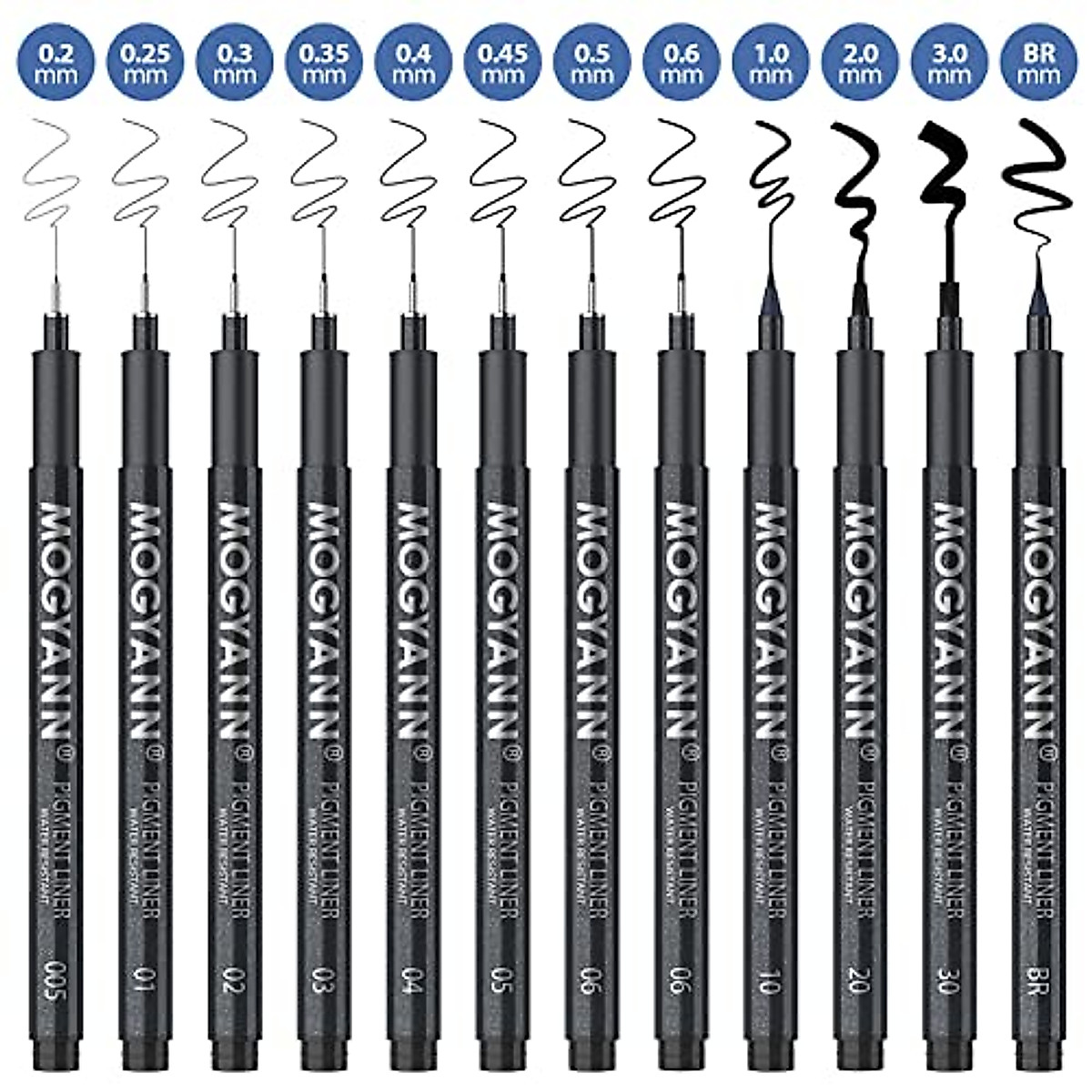 Mogyann Drawing Pens Black Art Pens for Drawing 12 Size Waterproof Ink Pens for Artists Sketching, Manga, Writing