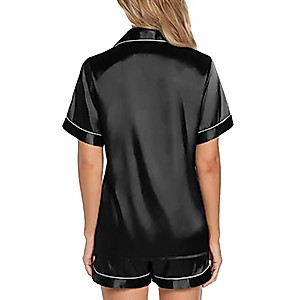 Samring Womens Silk Satin Pajamas Short Sleeve Loungewear Two-Piece Sleepwear Button-Down Pj Set Black L