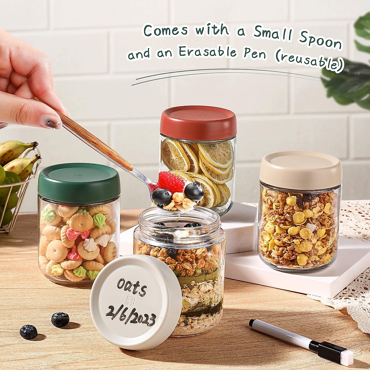 DIMBRAH Overnight Oats Containers with Lids, Mason Jars 16oz with Lids - Set Of 4, Practical Oatmeal Container to Go, Chia Seed Pudding Jars, with Spoon and Marker