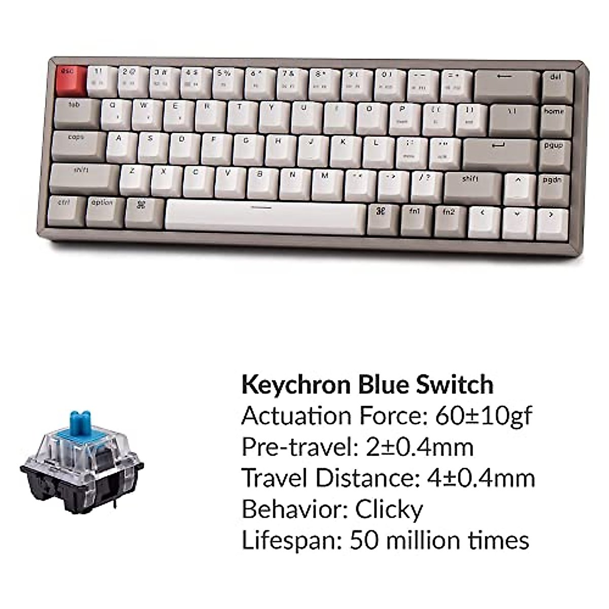 Keychron K6 65% Compact 68-Keys Aluminum Frame Wireless Mechanical Keyboard for Mac, Bluetooth, Multitasking, Wired Gaming Keyboard for Windows Non-Backlit with Keychron Blue Switch