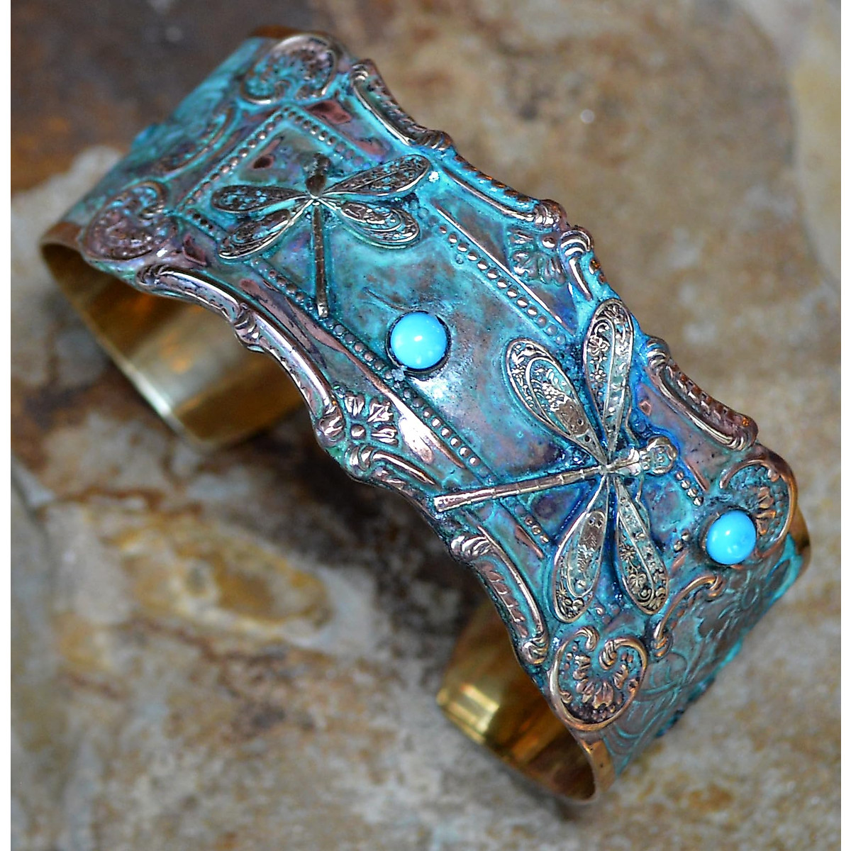 Elaine Coyne Wearable Art Patina Brass Dragonflies Cuff Bracelet - Turquoise