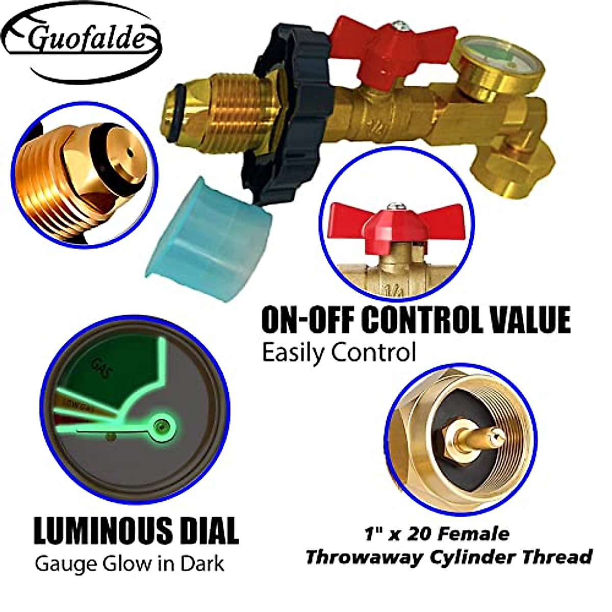 GUOFALDE POL Propane Refill Elbow Adapter with Gauge, 90 Degrees Propane Refill Pressure Adapter with ON-Off Control Valve, for Camping Grill 1Lb Bottle Tank