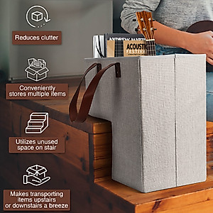 SAM AND MABEL Stair Baskets for Carpeted and Wooden Stairs – 16" L x 10" W x 16" H Staircase Basket with Handles, Collapsible Stairstep Storage Organizer for Home and Office Decor (Natural Beige)