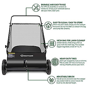 Right Hand 26-Inch Push Lawn Sweeper, Strong Rubber Wheels & Heavy Duty Durable Steel Structure Sweeps Leaf Grass & More, 7ft Mesh Collection Bag, 4 Spinning Brushes