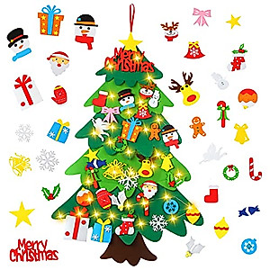 KIMOBER Lighted Felt Christmas Tree,Prelit DIY Christmas Tree with 40Pcs Detachable Ornaments Wall Hanging Decor for Xmas Party